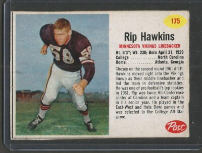 1962 POST FOOTBALL CARD # 175 RIP HAWKINS (SP) - MINNESOTA VIKINGS | eBay
