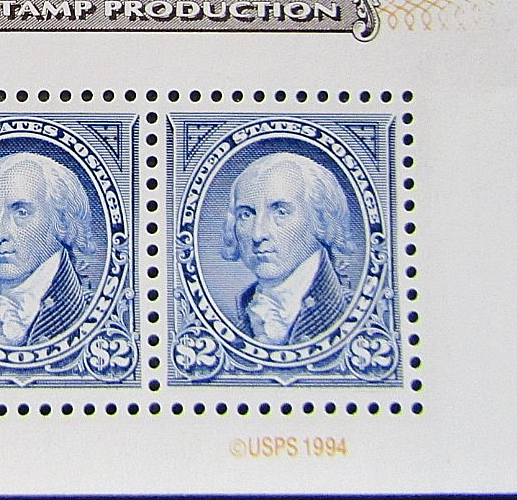 1994 US S# 2875a BEP $2 Souv Sheet w/Minor Double Transfer RT BTM Stamp ...