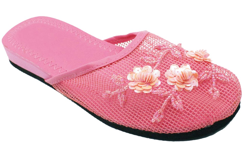Women's Chinese Mesh Slipper Sequin Floral Beaded Sandals Flip Flops ...
