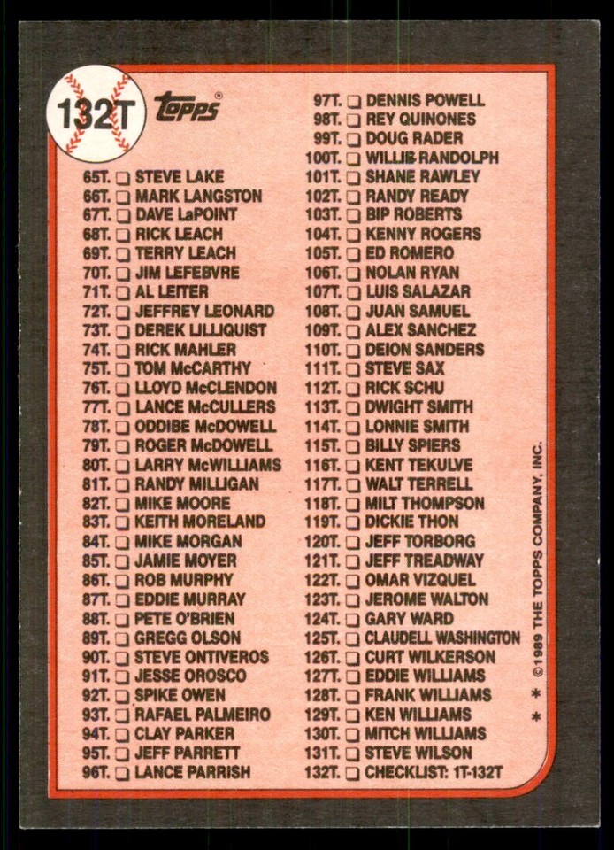 1989 Topps Traded Checklist Baseball Cards #132T | eBay