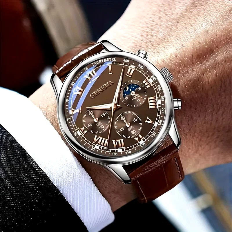 GENENA High Quality Men'S Luxury Belt Fashion Quartz Watch Men round ...
