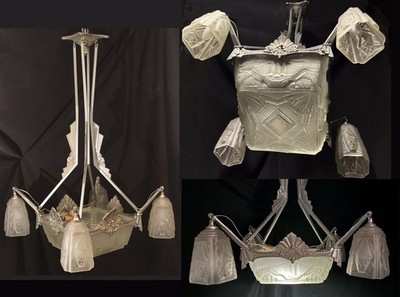 Lrg Antique Art Deco French Muller Freres Frosted Glass Chandelier ...