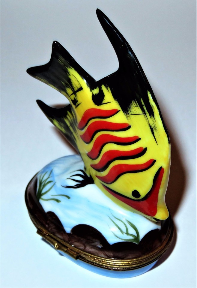 LIMOGES FRANCE BOX- VINTAGE ANGEL FISH -ROCKS & SEAWEED- SPIRAL SEA ...