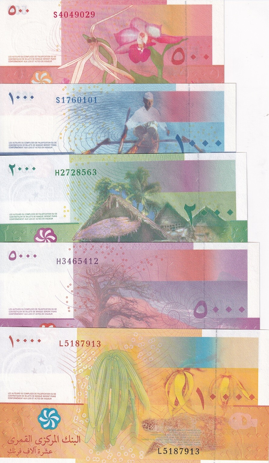 Comoros Set 5 UNC 500 1000 2000 5000 10000 Francs 2006/2020 P 15 16 17 ...