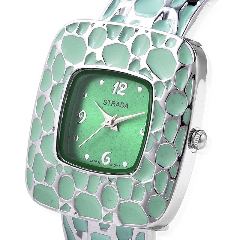 Womens STRADA Green Japanese Movement Stainless Cuff Bangle Bracelet ...