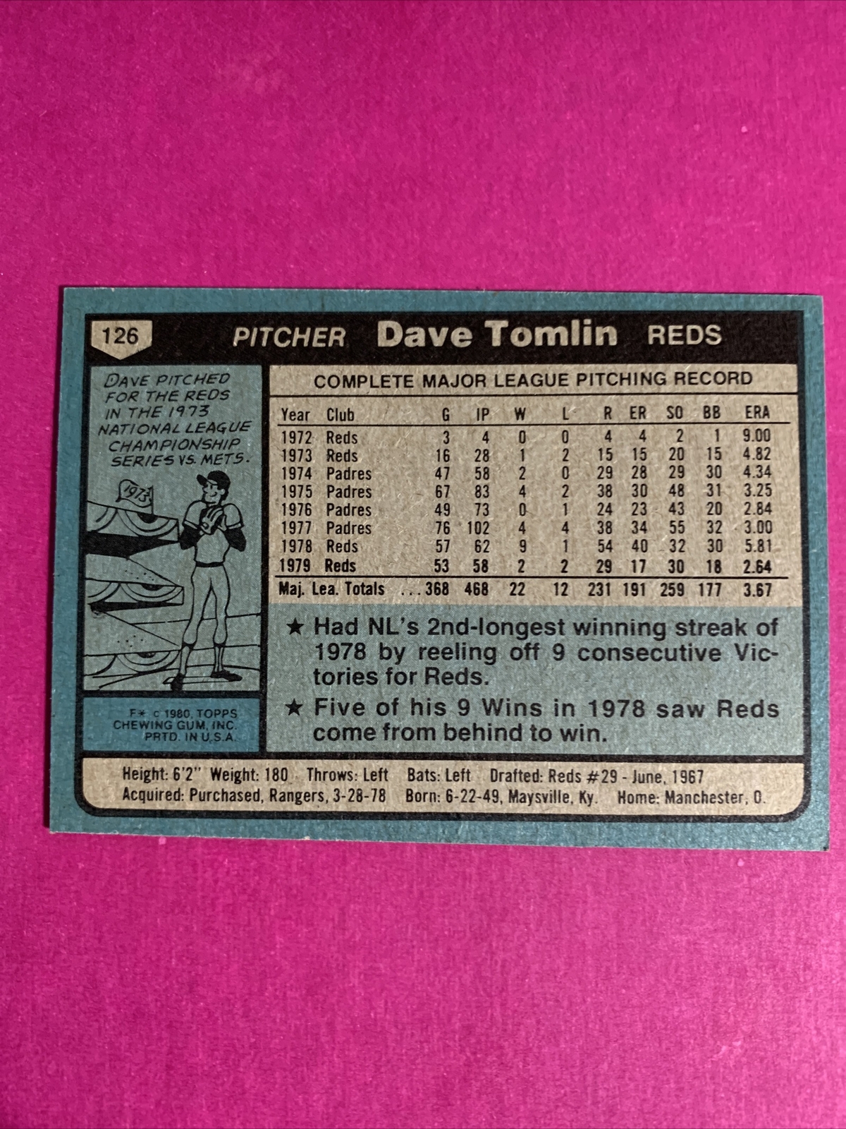🐶 1980 TOPPS DAVE TOMLIN #126 CINCINNATI REDS | eBay