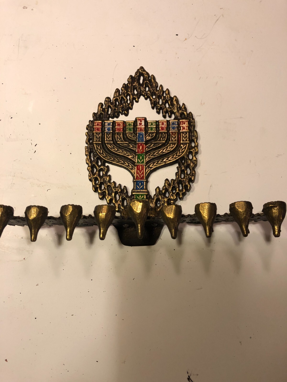 VINTAGE 8 1/2" HEN HOLON BRASS/ENAMEL MENORAH, MADE IN ISRAEL, NICE, L ...