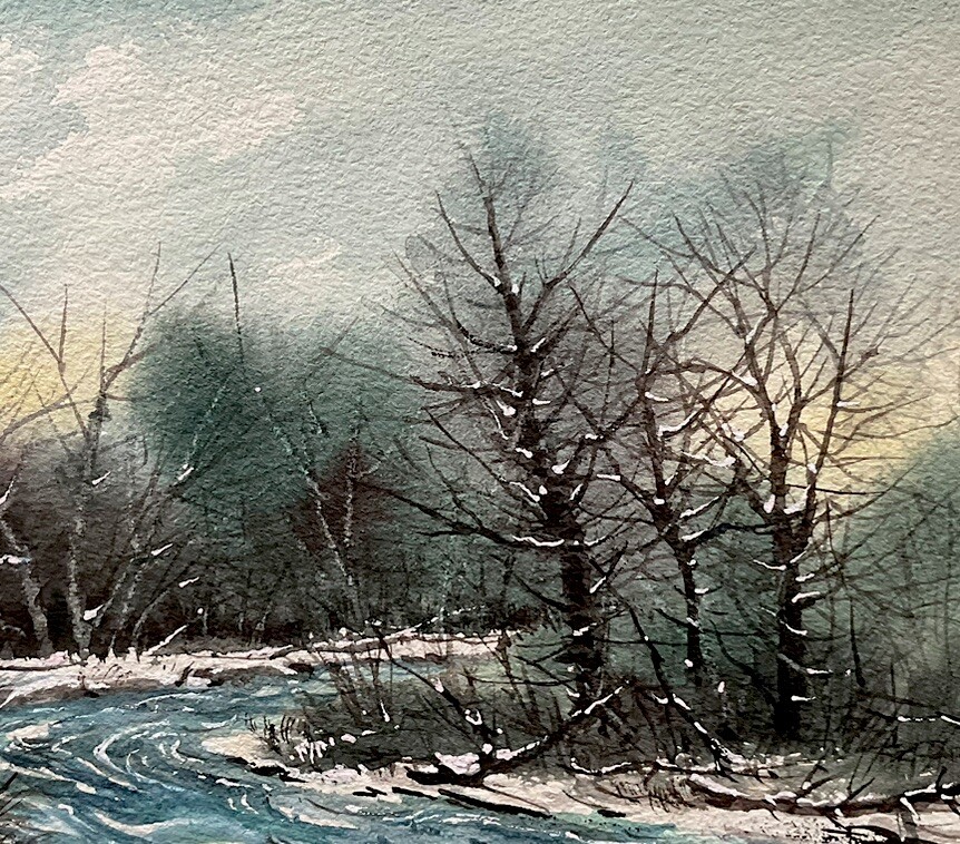 6X9 Original Pamela Wilhelm Watercolor rushing river, Spring thaw ...