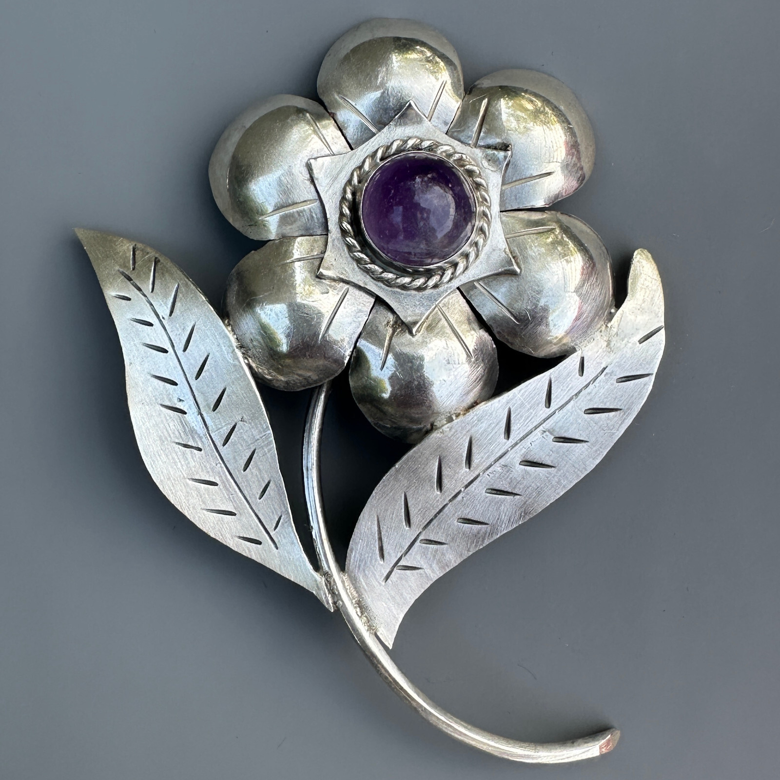 Large Mexican Sterling Silver Flower Pin Brooch w Ame… - Gem