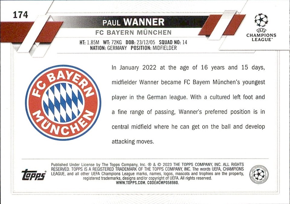 2022-23 Topps UEFA Club Competitions - Paul Wanner FC Bayern München ...