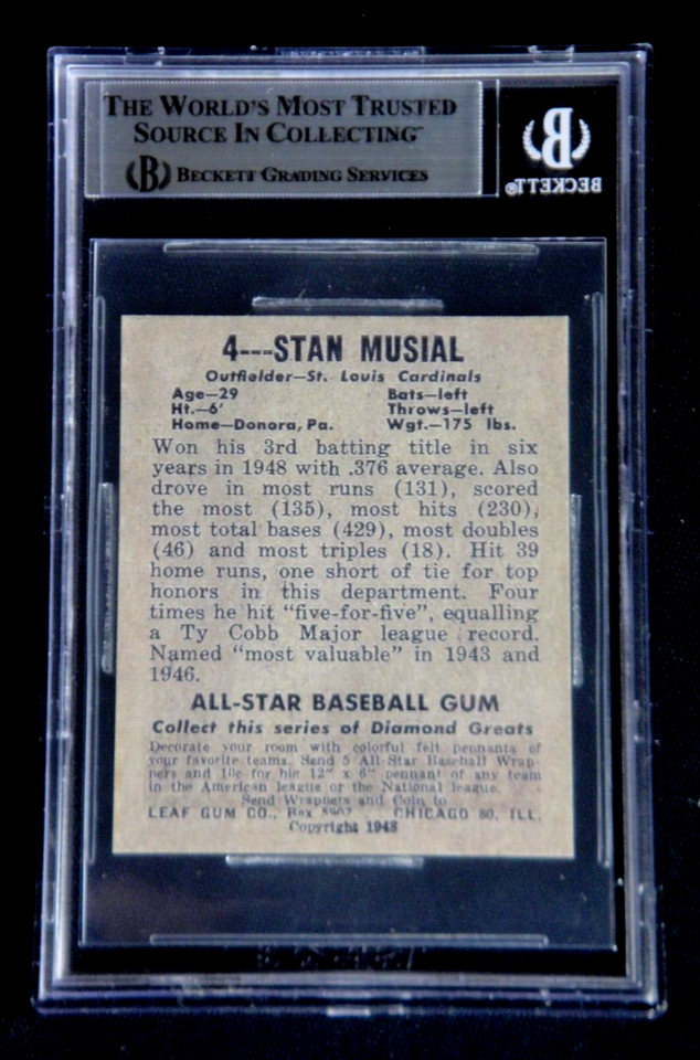 STAN MUSIAL SIGNED 1948 LEAF ROOKIE REPRINT BASEBALL CARD #4 AUTOGRAPH ...