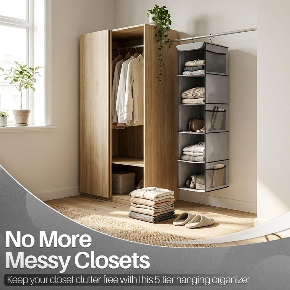 Hanging Closet Organizer - 5-Shelf Fabric Hanging Shelves for Closet ...
