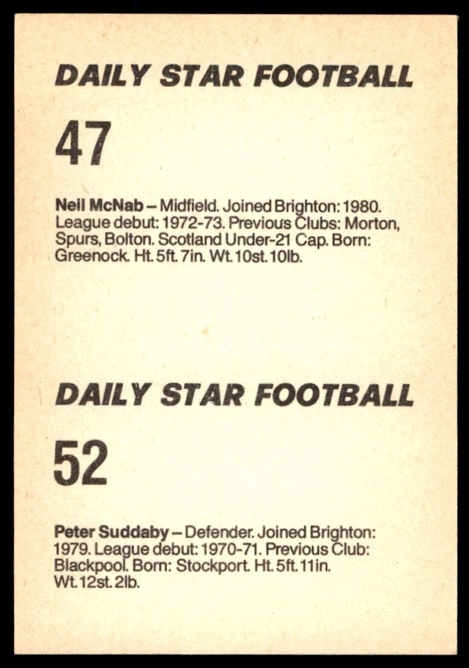 Daily Star (1980-81) Football - 47) Neil McNab & 52) Peter Suddaby ...
