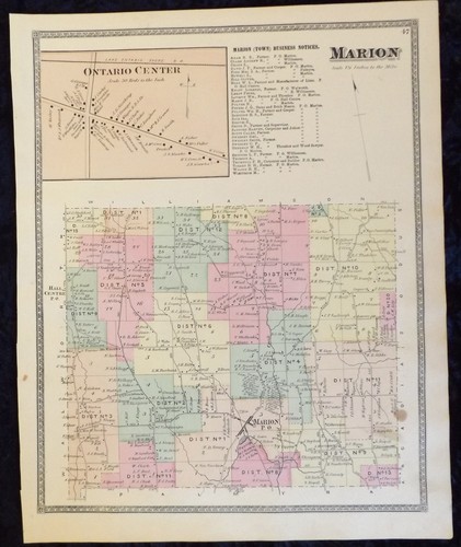 1874 Wayne County NY "Town of Marion" Ontario Center Antique Map Atlas ...