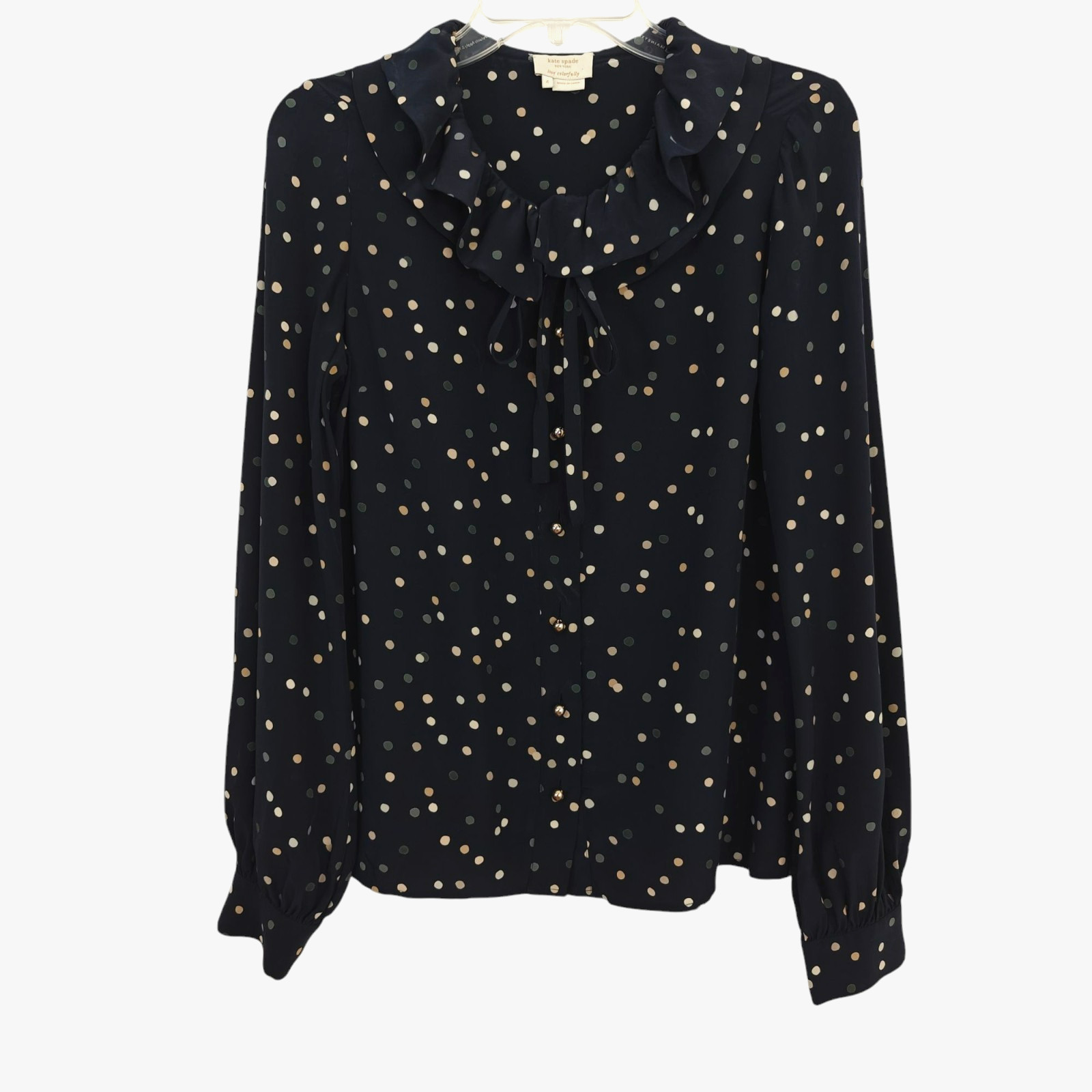 Kate Spade Silk Polka Dot Blouse Size 4 Blue Ruffle C… - Gem