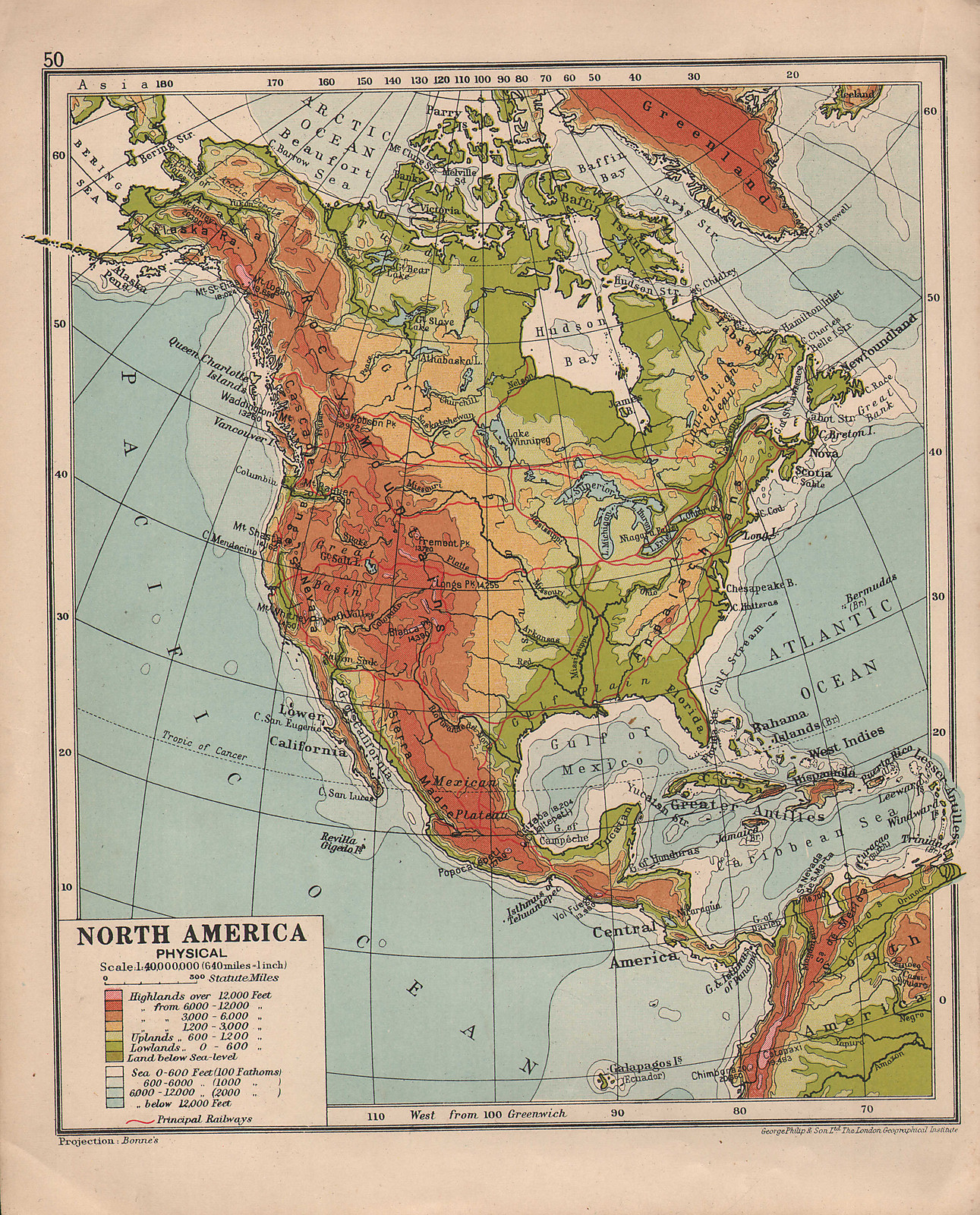 1935 MAP ~ NORTH AMERICA PHYSICAL ~ ROCKY MOUNTAINS MEXICAN PLATEAU ...
