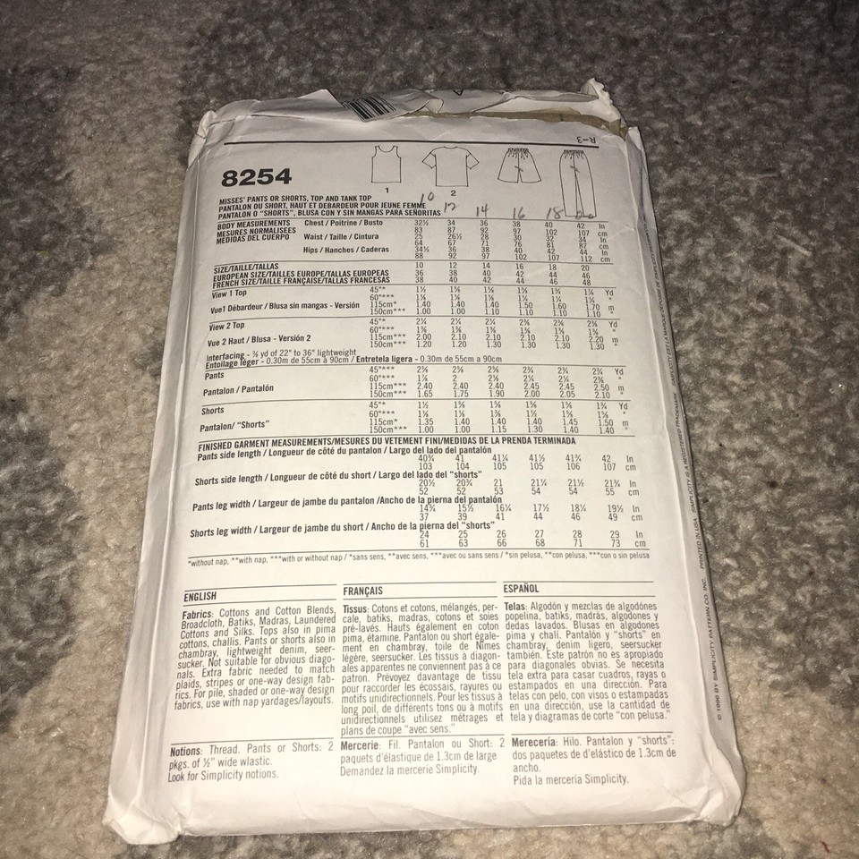 Unused Uncut Simplicity Sewing Pattern 8254 Size 10-20 Pants, Shorts ...