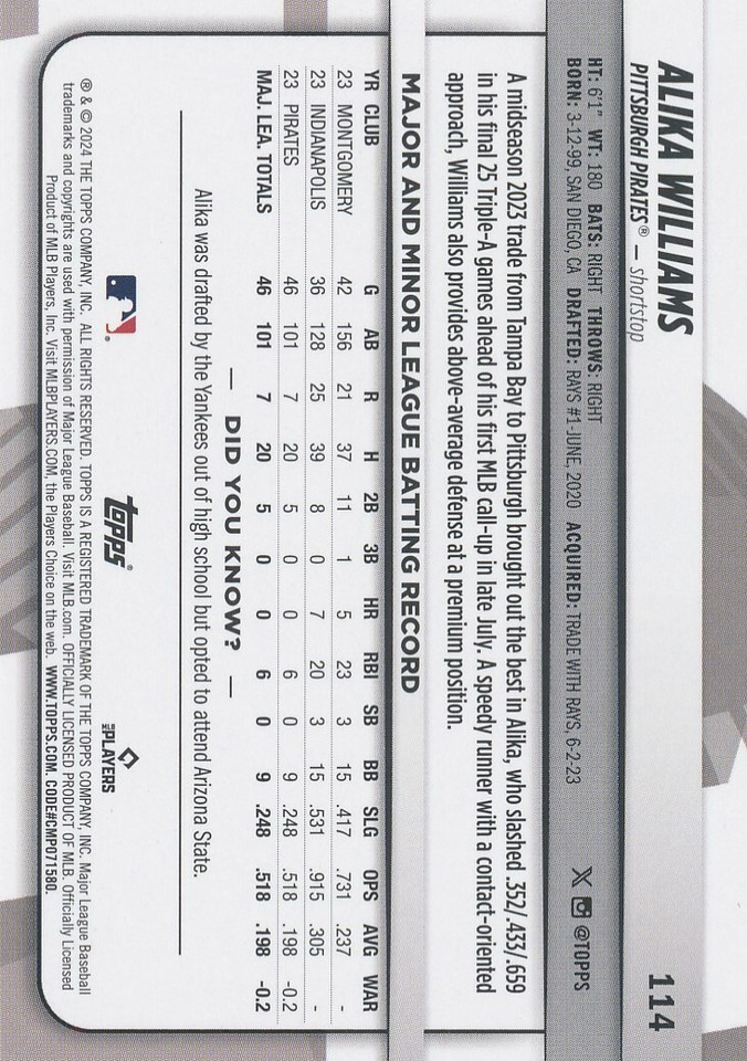 #114 ALIKA WILLIAMS 2024 Topps Big League Baseball RC PITTSBURGH ...
