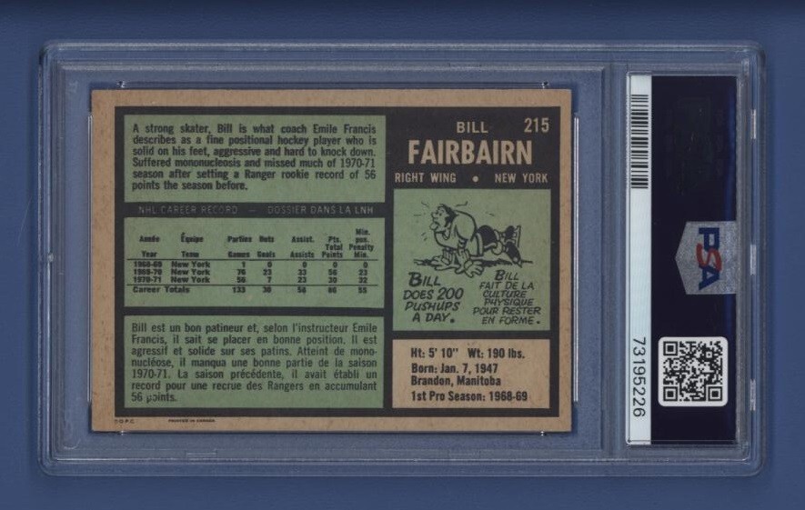 1971-72 OPC BILL FAIRBAIRN (rc) #215 PSA 7 NM New York Rangers *ROOKIE ...