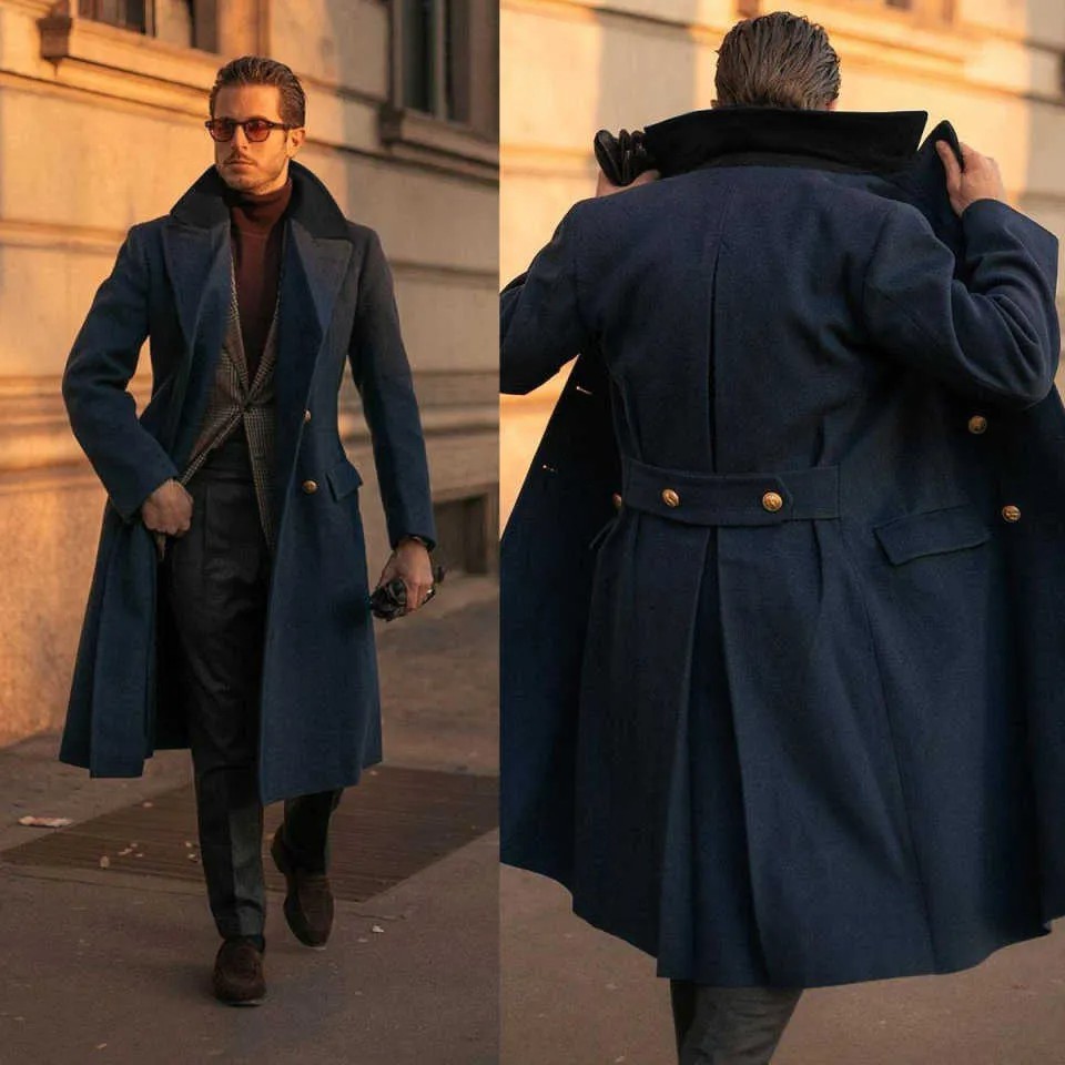 Men's Overcoat Navy Blue Wool Blend Wide Lapel Double Breasted Outdoor ...