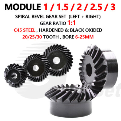 Module 1/1.5/2/2.5/3 Spiral Bevel Gear Set C45 Steel 1:1 Pairing 20/25 ...