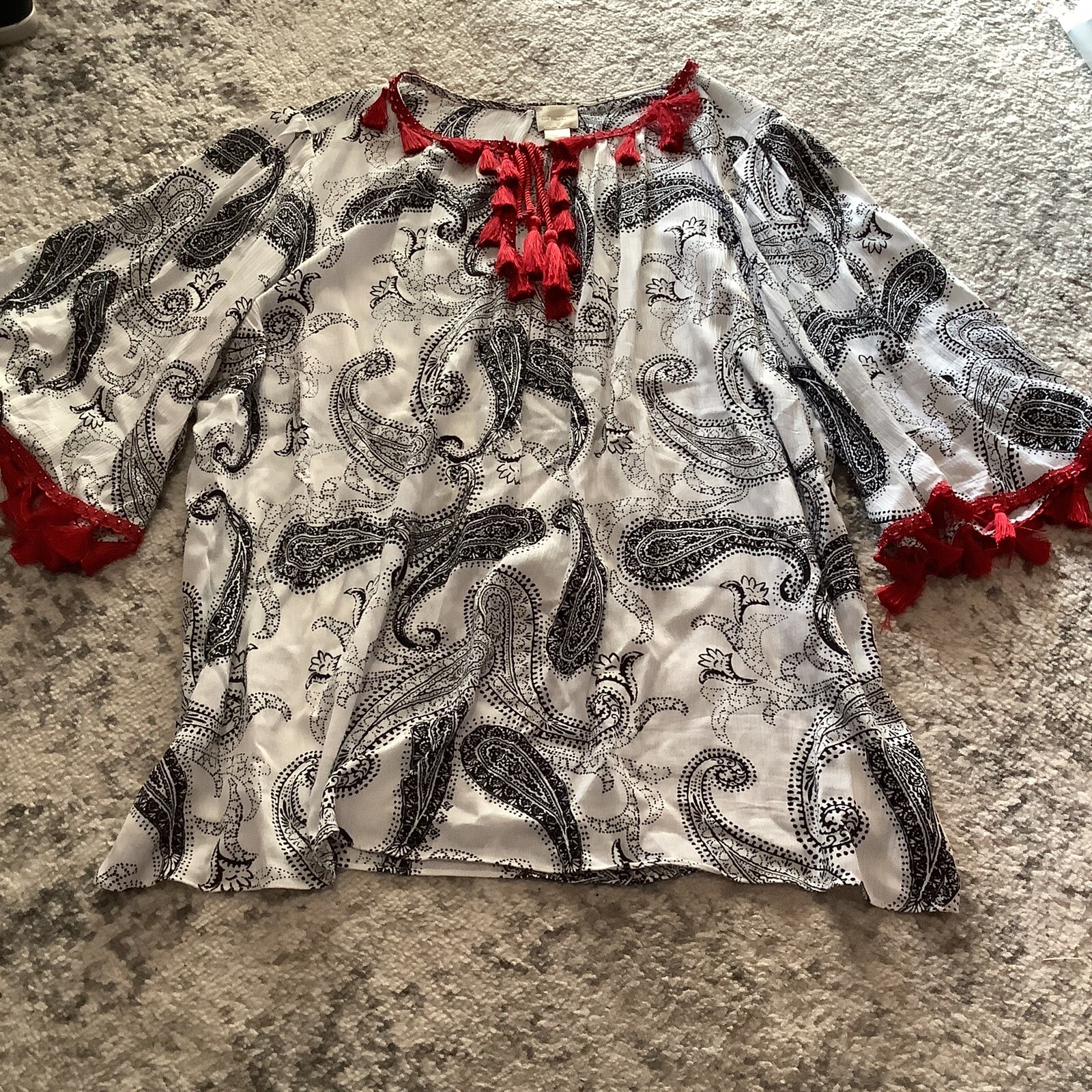 Chicos 2 Large Red Black Blouse Tassel Tie V Neck Top Cream Paisley ...