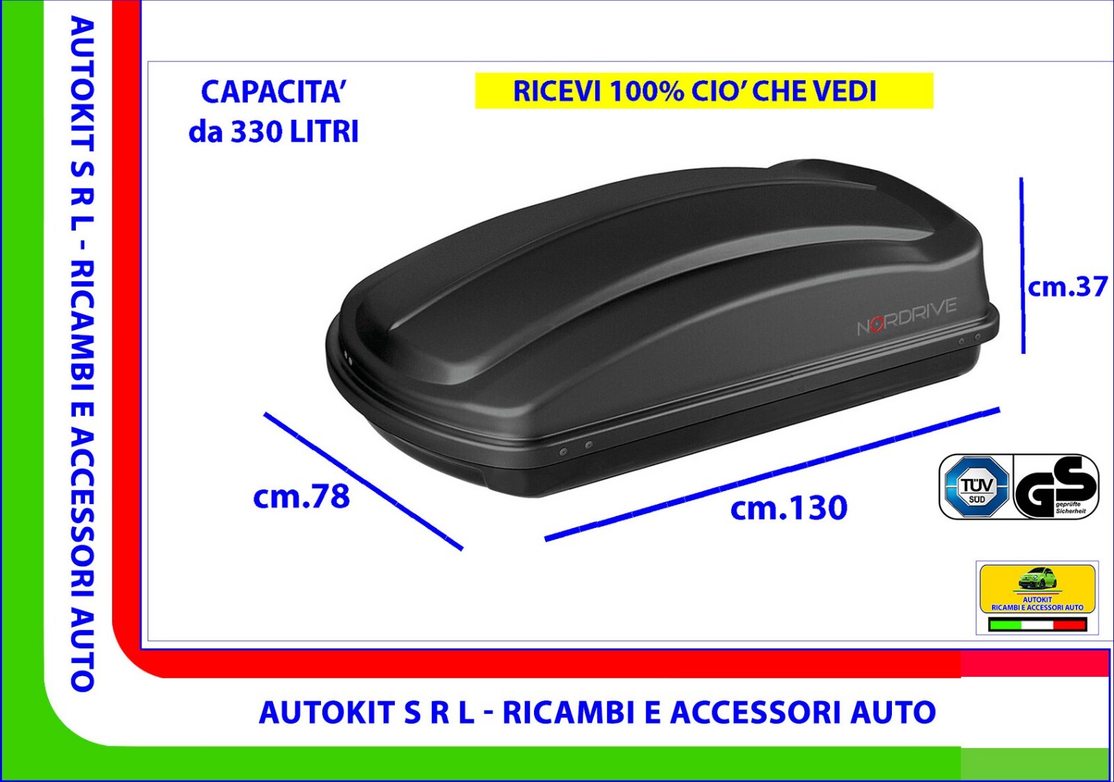 BOX Baule 333 LT. da Tetto auto per 500X + Barre Portatutto Portapacchi ...