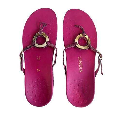 Vionic Karina Hot Pink Thong Sandal Gold Tone Metal Accent Women’s Size ...