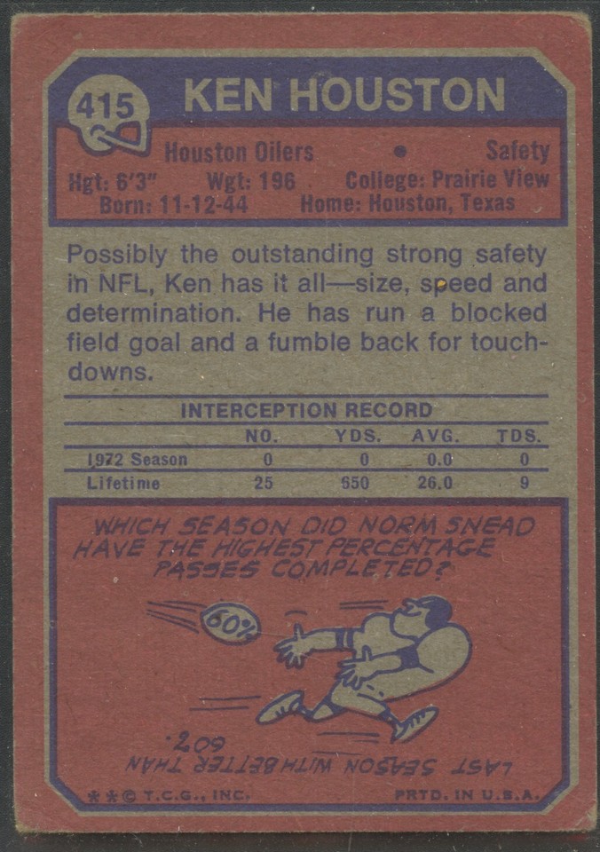1973 Topps #415 Ken Houston Houston Oilers Hall-of-Fame | eBay