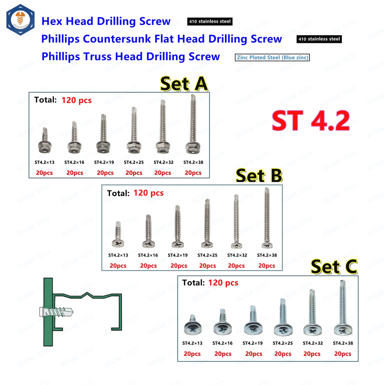 120pcs ST4.2 Hex Head Phillips Flat Truss Head Self Tapping Drilling ...