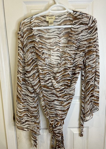 Neiman Marcus Exclusive 100% Silk Sheer Animal Print Wrap Blouse Women ...