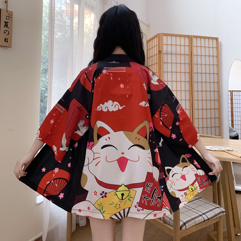 Lucky Cat Japanese Women Kimono Jacket Cardigan Coat Retro Yukata Haori ...