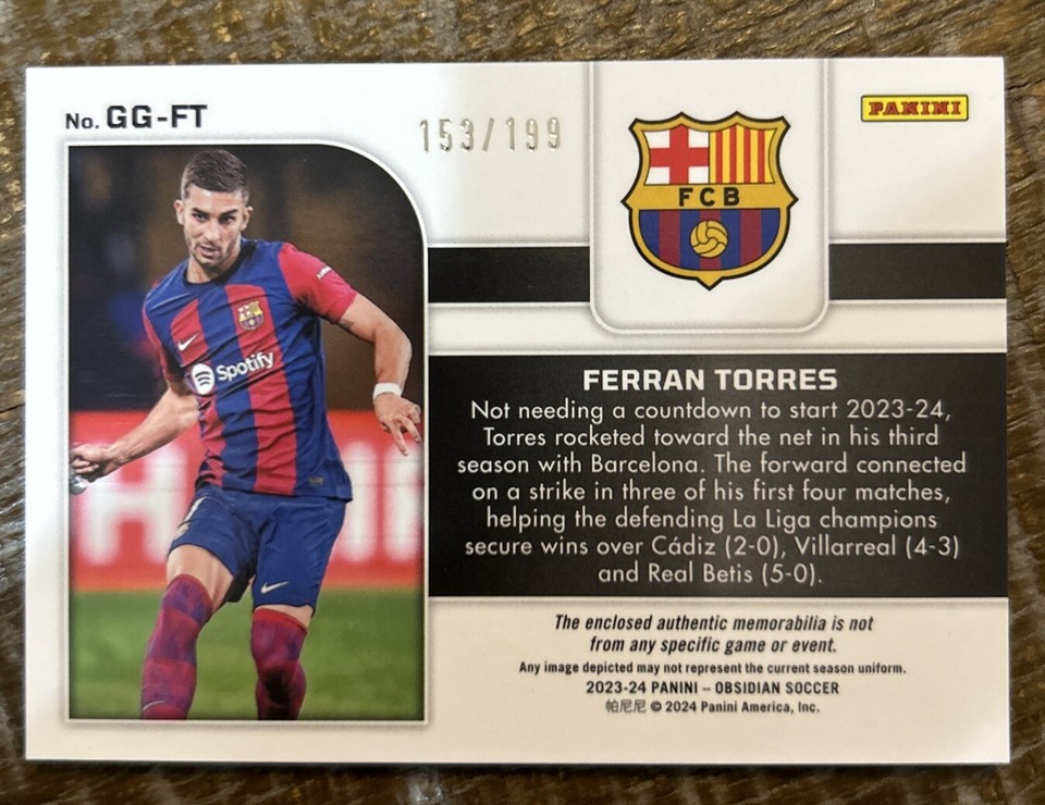 2023-24 Panini Obsidian Soccer Ferran Torres Galaxy Gear Jersey Patch ...