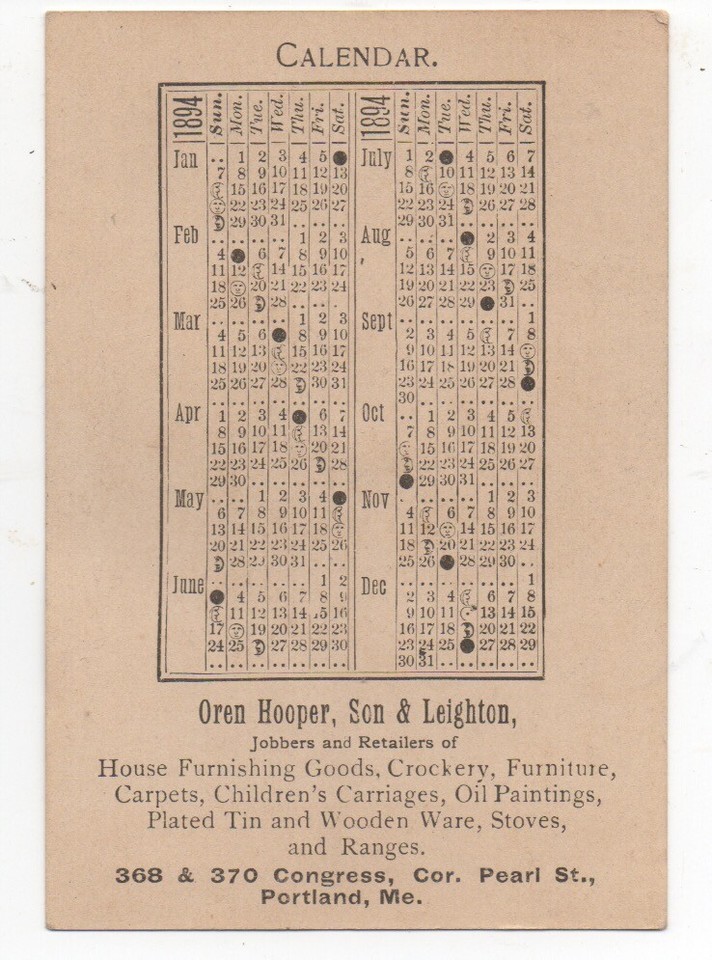 1894 Trade Card Calendar Oren Hooper & Son Leighton Crockery Portland ...