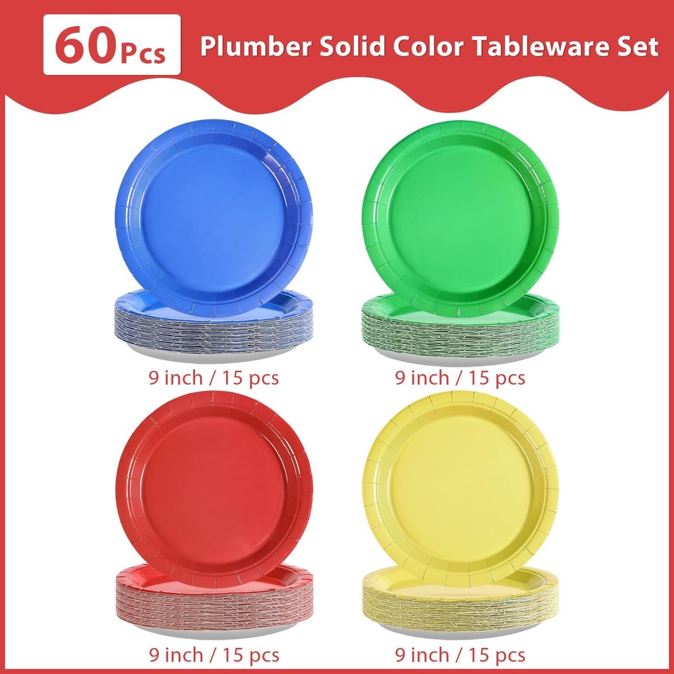 60Pcs Super Theme Brother Plates 9" Heavy Duty Red Green Blue Yellow ...