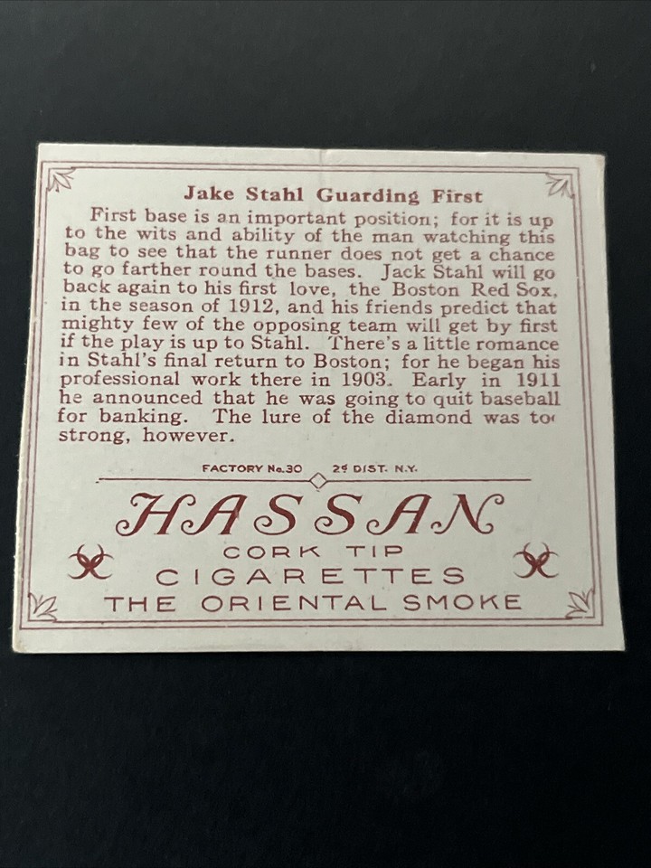 1912 46 Jake Stahl Guarding First (HASSAN Cicotte CORK TIP CIGARETTES ...
