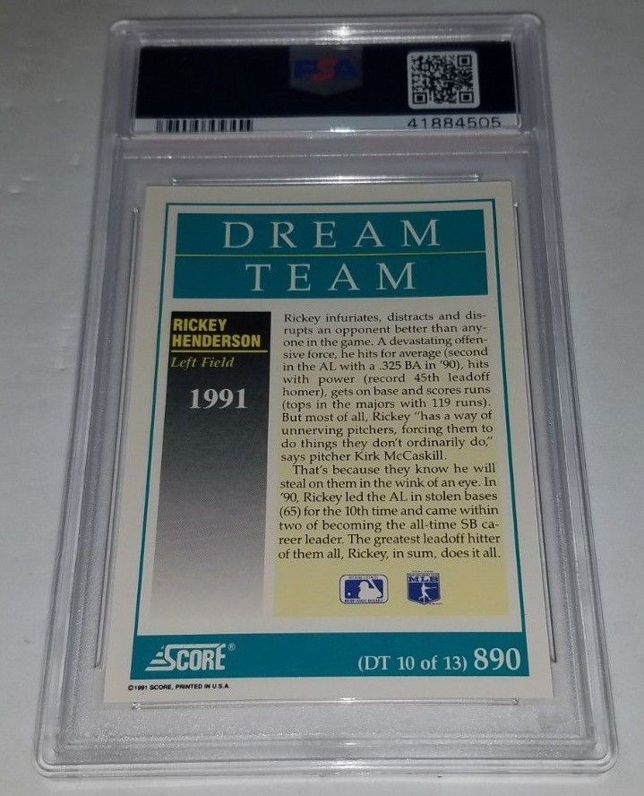 1991 Score #890 Rickey Henderson Dream Team Card Graded PSA 9 Mint Pop ...