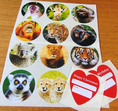 11 64mm Large Circular Round Cute Wild Animal Sticky Labels Wildlife ...