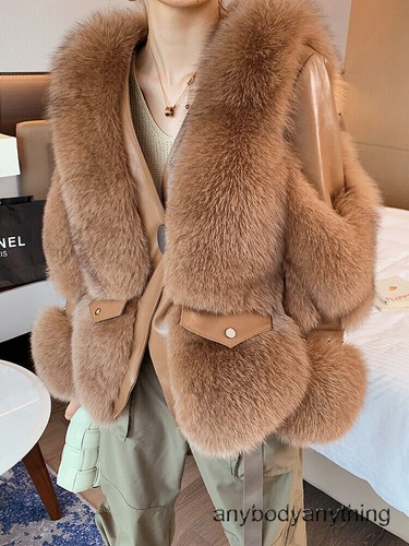 Winter Luxury Women Real Fox Fur Coat Sheepskin Leather Jacket Overcoat ...