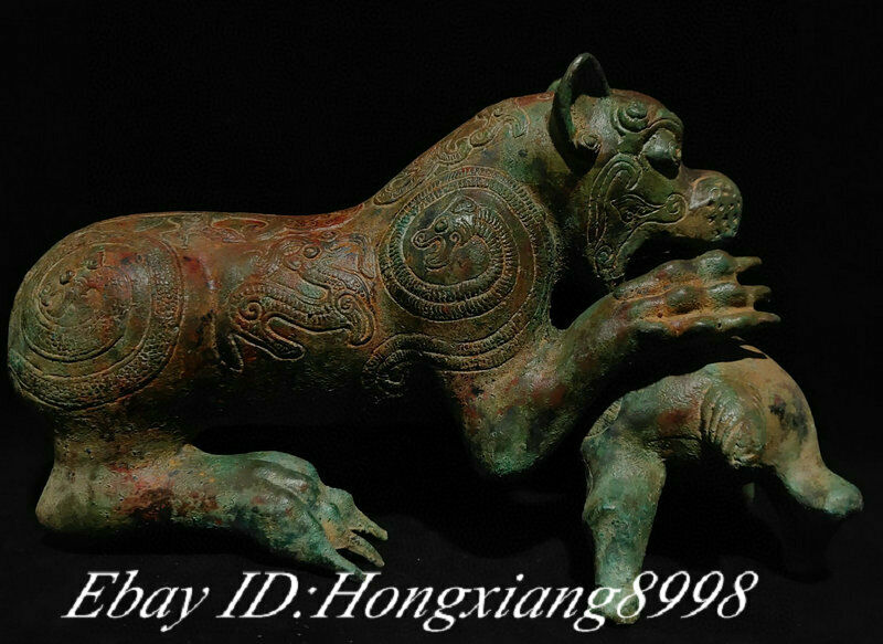 16" Old Chinese Zhan Dynasty Bronze Ware Tiger Eating Sheep Statue ...