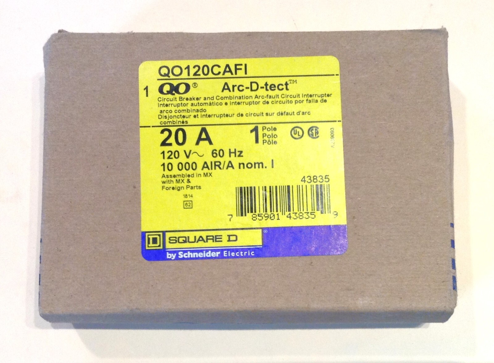 Square D QO120PCAFI Arc Fault Interrupter Circuit Breaker 20 Amp 1 Pole ...