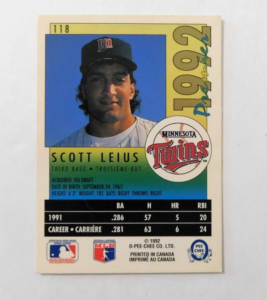 1992 O-Pee-Chee Premier #118 Scott Leius Minnesota Twins Baseball Card ...