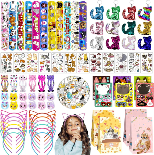 158Pcs Cat Party Favors Set with Cat Headband Keychains Tattoo Stickers ...