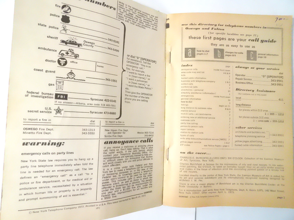OSWEGO ,NY Telephone Directory/Book 1972-73-New York Telephone | eBay