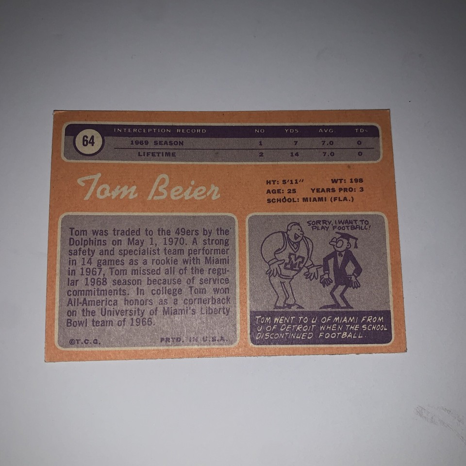 1970 TOPPS TOM BEIER. SAN FRANCISCO 49ERS #64 NM | eBay