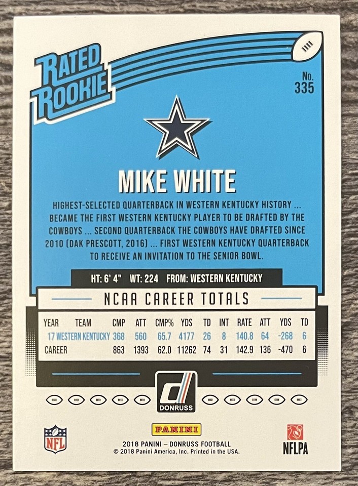 2018 Donruss Football Mike White Rated Rookie Cowboys QB RC #335 | eBay