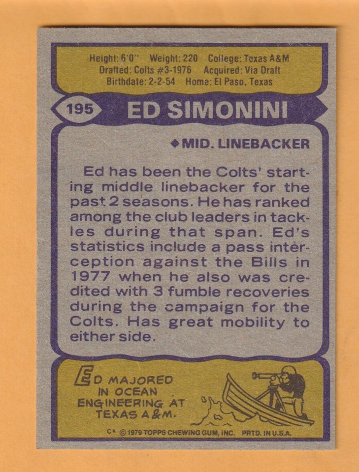 Ed Simonini Baltimore Colts 1979 Topps #195 Texas A&M Aggies | eBay