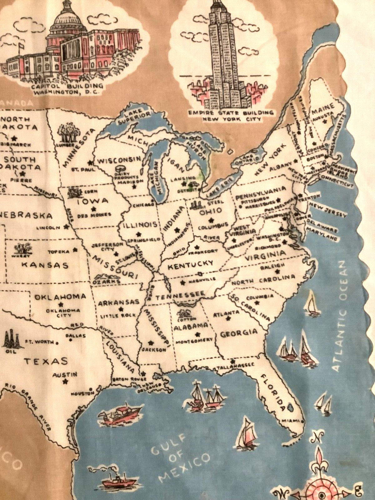 United States Map Handkerchief Franshaw - 1950s Map o… - Gem