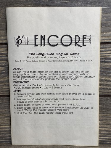 Vintage Parker Brothers 1989 Encore Board Game Instructions Replacement ...