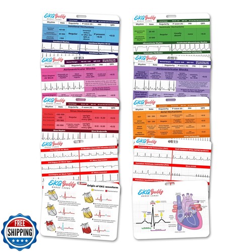 EKG Buddy's 5 Card EKG Interpretation Badge Set - Doubled Sided Nurse ...